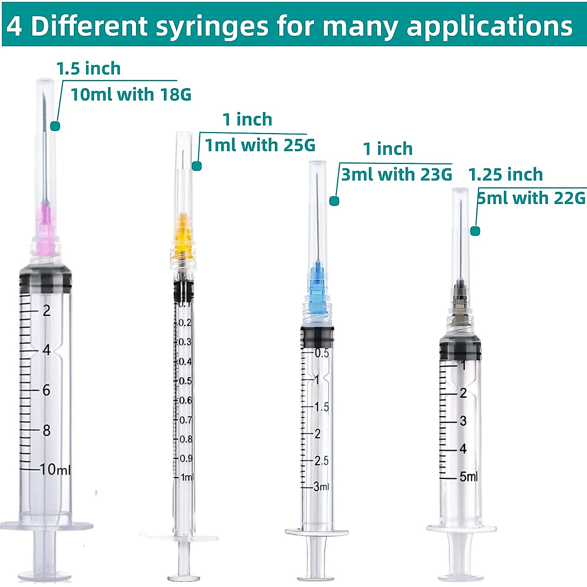 20 Pack Plastic Syringe Luer Lock with Needle - 10ml, 5ml, 3ml, 1ml Syringes and 18Ga, 22Ga, 23Ga, 25Ga Needle, Individually Sealed Package
