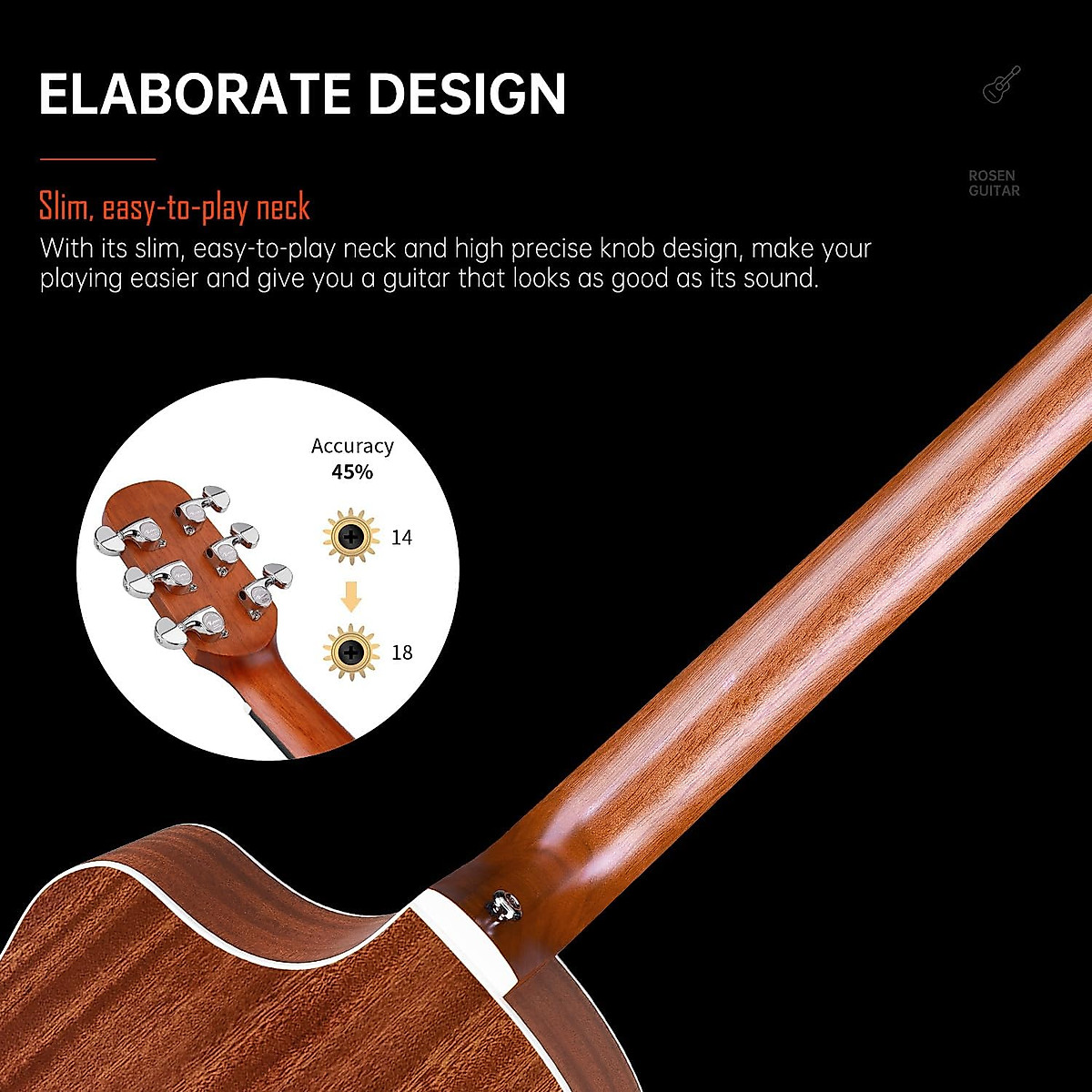 Rosen N10 Acoustic Guitar for Beginner Adults Full Size Dreadnought Solid Spruce Top Acustica Guitarra Bundle Kit with Gig Bag Tuner Strap Strings Capo Picks Cleaning Cloth, Black