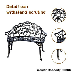 JARDIN DE CENTENNIAL Patio Garden Bench Metal Park Bench Cast Aluminum Outdoor Furniture with Floral Rose for Patio,Park,Lawn,Yard (Copper)