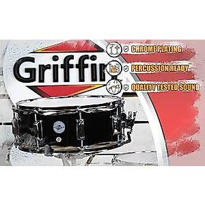 GRIFFIN Snare Drum | Poplar Wood Shell 14" x 5.5" with Black PVC & Coated Head | Acoustic Marching Percussion Musical Instrument Set with Drummers Key, 8 Metal Tuning Lugs & Snare Strainer Throw Off