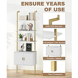 Gadroad 73" Tall Bookshef with Cabinet, Wall Mounted Industrial Ladder Bookcase with Wood and Metal Frame, 5 Tier Plant Shelf Display Storage Shelves for Living Room Bedroom, White Gold