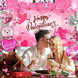 Valentines Decorations-Valentines Day Backdrop for Photography Cupid Romantic I Love You Balloons for Bedroom,Pink Happy Valentines Day Decor