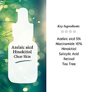 Azelaic Acid + Tea Tree Clear Skin Facial Serum with Niacinamide 10%, Salicylic Acid, Retinol - Fast & Efficient Cystic Acne, Age-Defying, Relieve Trouble Skin Formula, 1 Fl Oz (30ml)