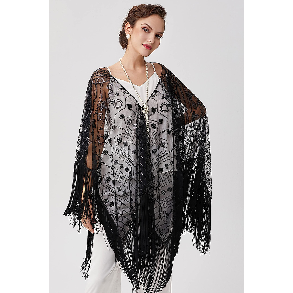 BABEYOND 1920s Sequin Beaded Shawl Wraps Fringed Evening Cape Scarf for Wedding (Black with Black Sequins)