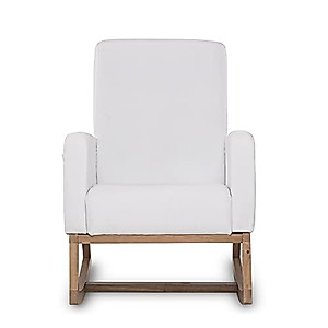 Paddie Rocking Chair Nursery, Fabric Rocking Armchair with Solid Wood Base/Side Pocket, Linen Fabric Upholstered Accent Chairs for Living Room (White)