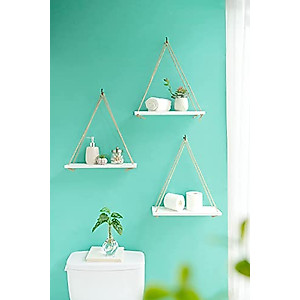 Mkono Wood Hanging Shelves for Wall Boho Decor Swing Rope Rustic Floating Shelf, Set of 3 Wall Display Shelving Home Organizer Rack for Living Room Bedroom Bathroom Kitchen,White