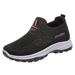 BLShaoJ Women Casual Daily Flat Heel Sneakers Shoes, Autumn and Winter Fashion Warm Round Toe Non-Slip Comfortable Breathable Sport Soft Insole Elastic Mesh Lofer Shoe Black