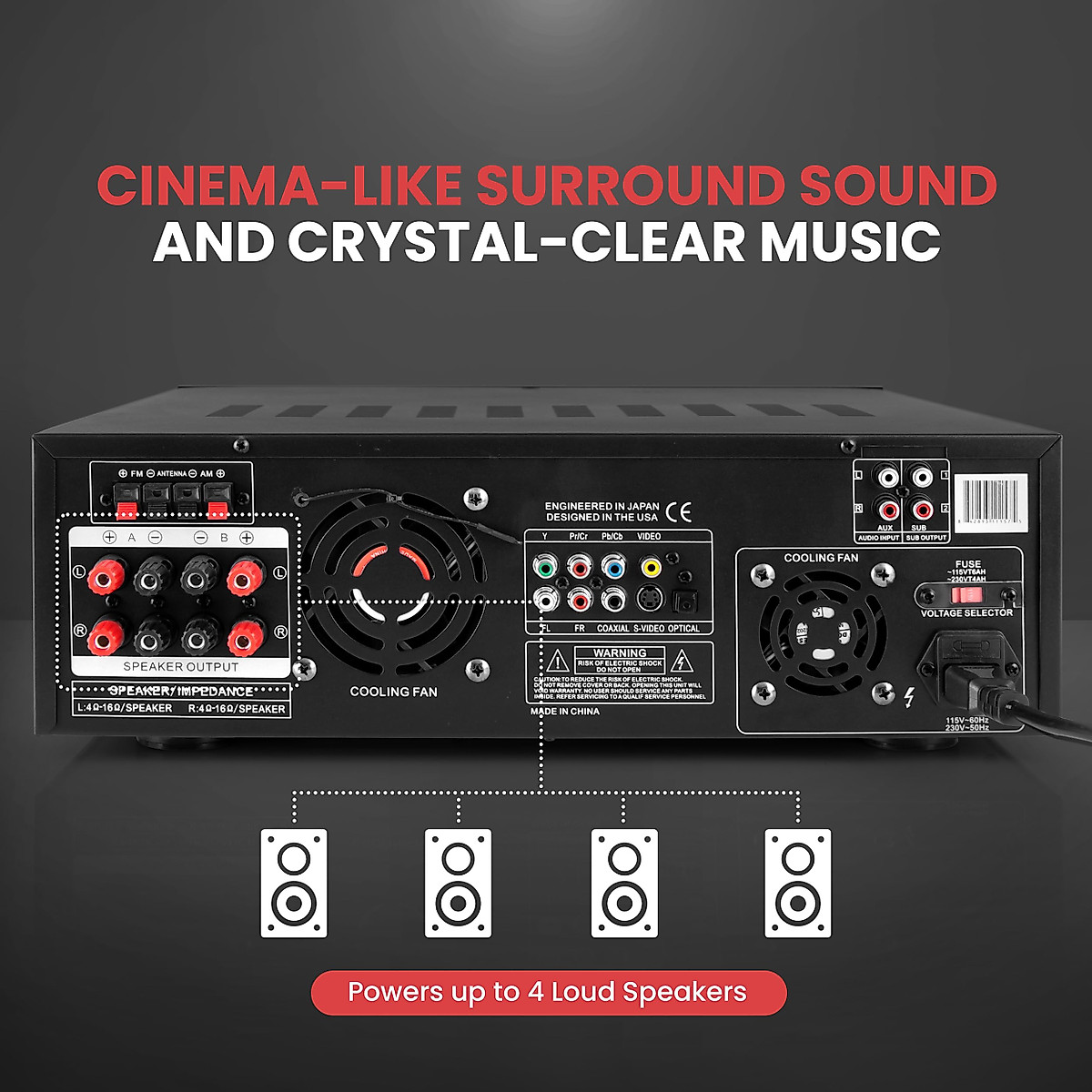 Pyle 4-Channel Wireless Bluetooth Power Amplifier - 1000W Stereo Speaker Home Audio Receiver w/FM Radio, USB, Headphone, 2 Microphone w/Echo, Front Loading CD DVD Player, LED, Rack Mount, Black