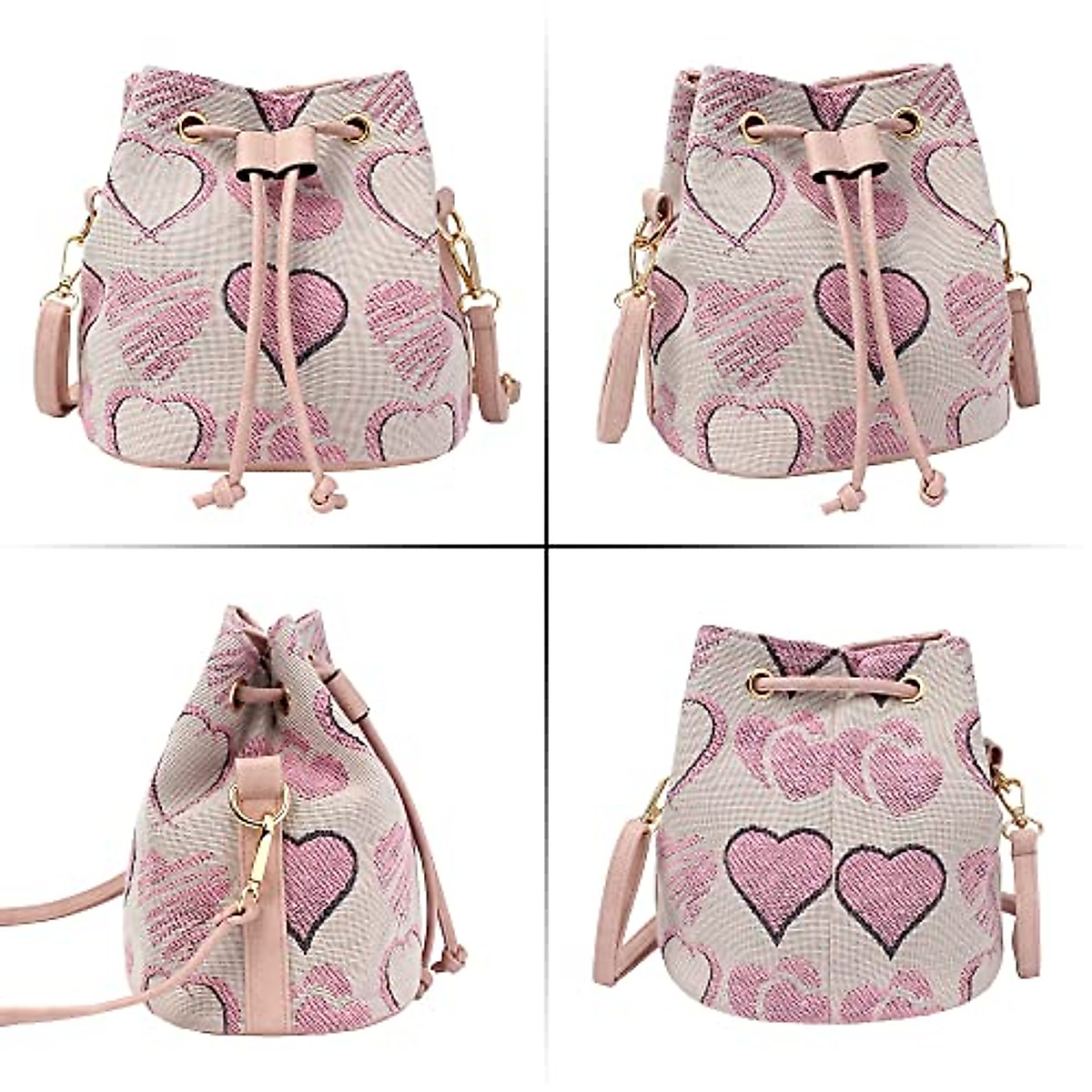ZLM BAG US Women Girls Faux Leather Drawstring Bucket Bag Pink Heart Print Hobo Shoulder Purse Mini Crossbody Bag