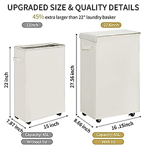 Chrislley Slim Laundry Hamper with Lid Narrow Laundry Basket with Handle Rolling Laundry Basket with Wheels(Beige）