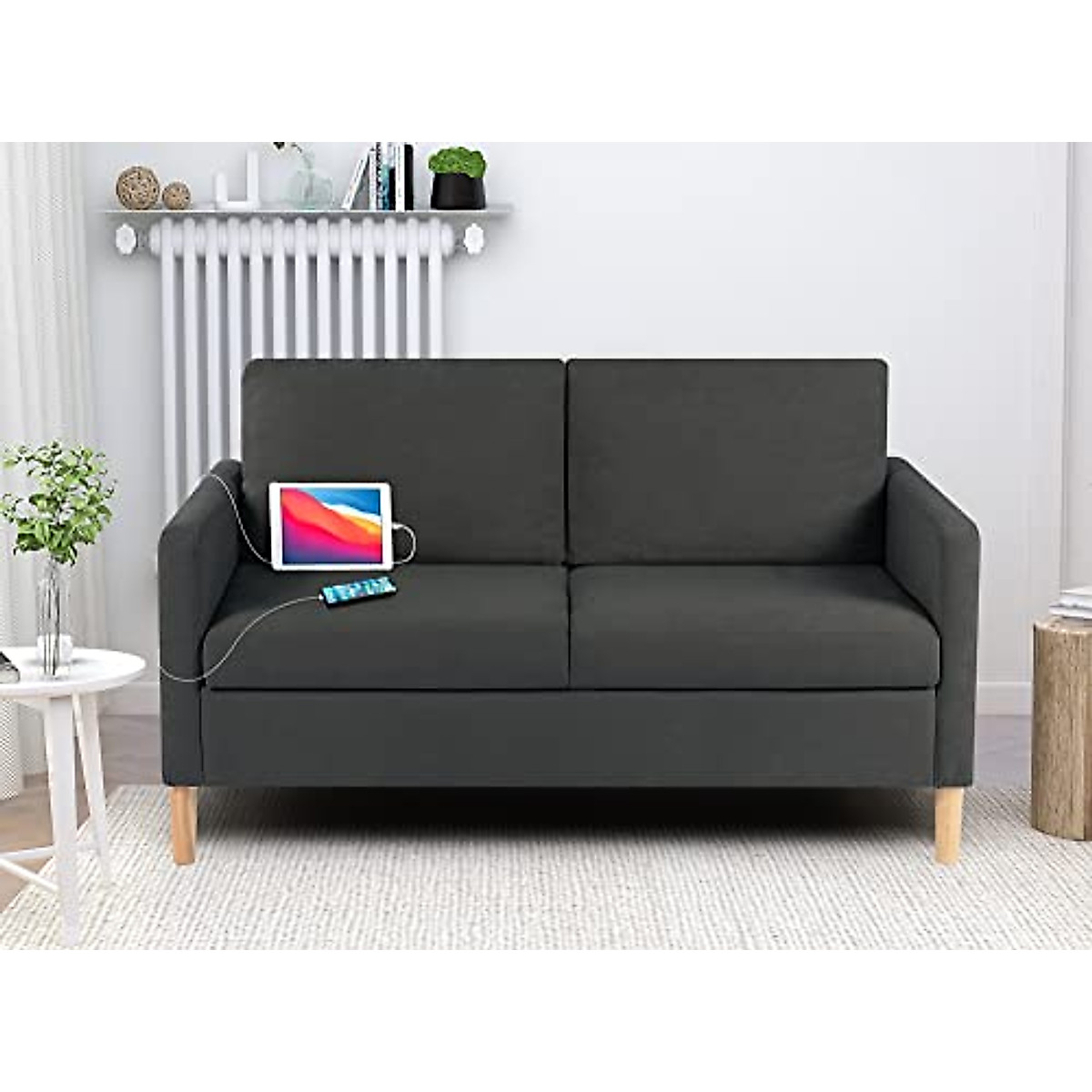 TYBOATLE 55" Modern Fabric Loveseat Sofa with 2 USB Charging Ports, Furniture Suitable for Small Spaces, Living Room, Office, Soft Couch Easy to Install (Dark Grey, Loveseat)