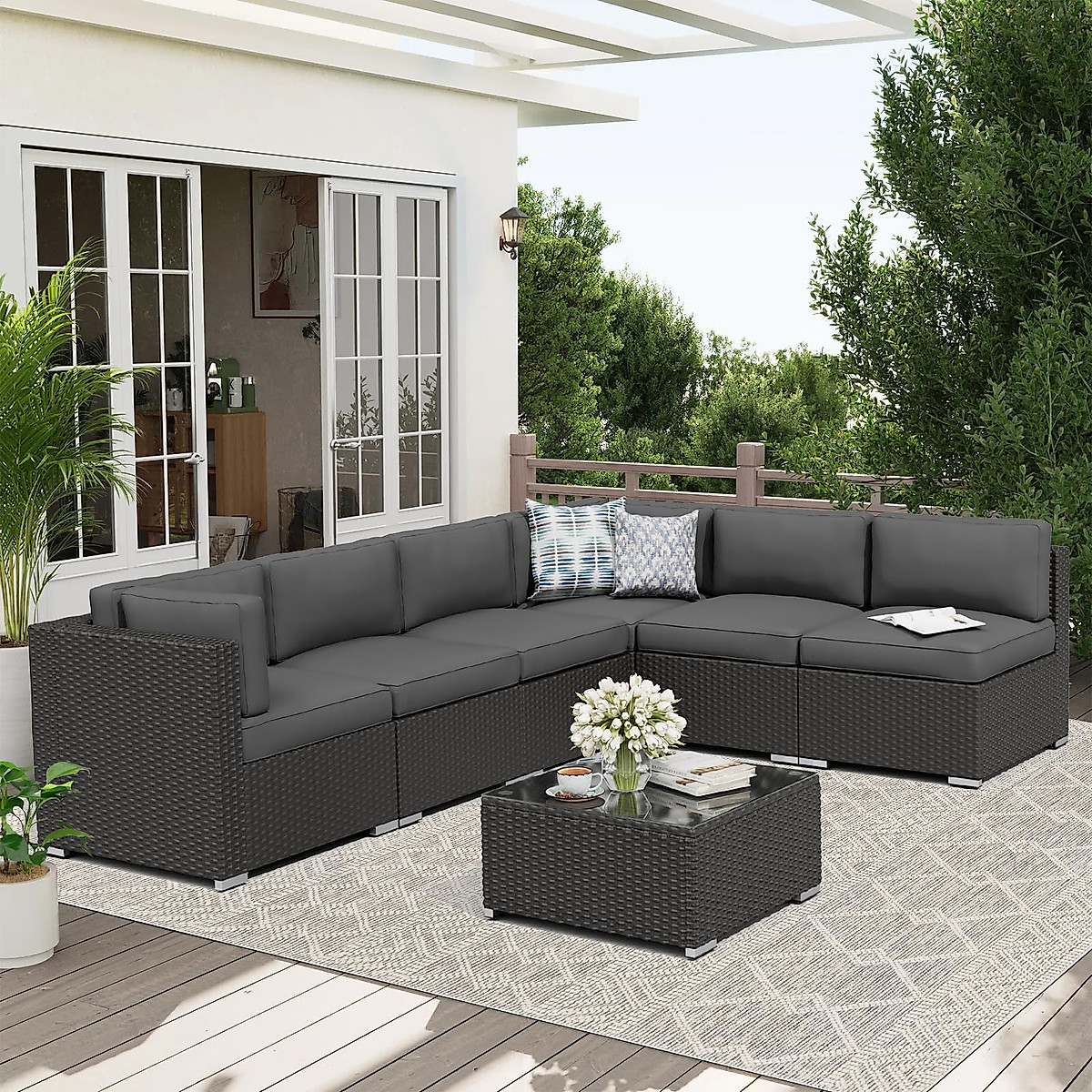 Oakcloud 7-Piece Outdoor Patio Furniture Sofa Set Black Rattan Wicker Sectional Conversation Sets with Glass Top Table and Cushions(Grey)
