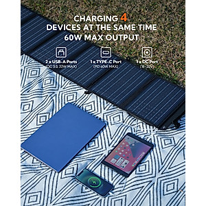 Foldable Solar Panel, LUMOPAL 60W Portable Folding Solar Charger Kit with USB-C PD60W 5V USB-A QC3.0 DC18-20V Ports,IP65 Waterproof for RVCamping Backpacking Compatible with Phone Tablet Power Station