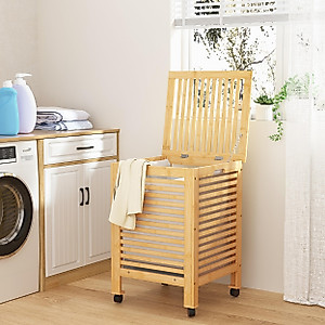 Laundry Hamper with Lid and Wheels, Bamboo Rolling Laundry Hamper with 2 Sections and Removable Liners Bags 120L, Versatile Storage Solutions for Blanket, Toys, Towels (Natural)