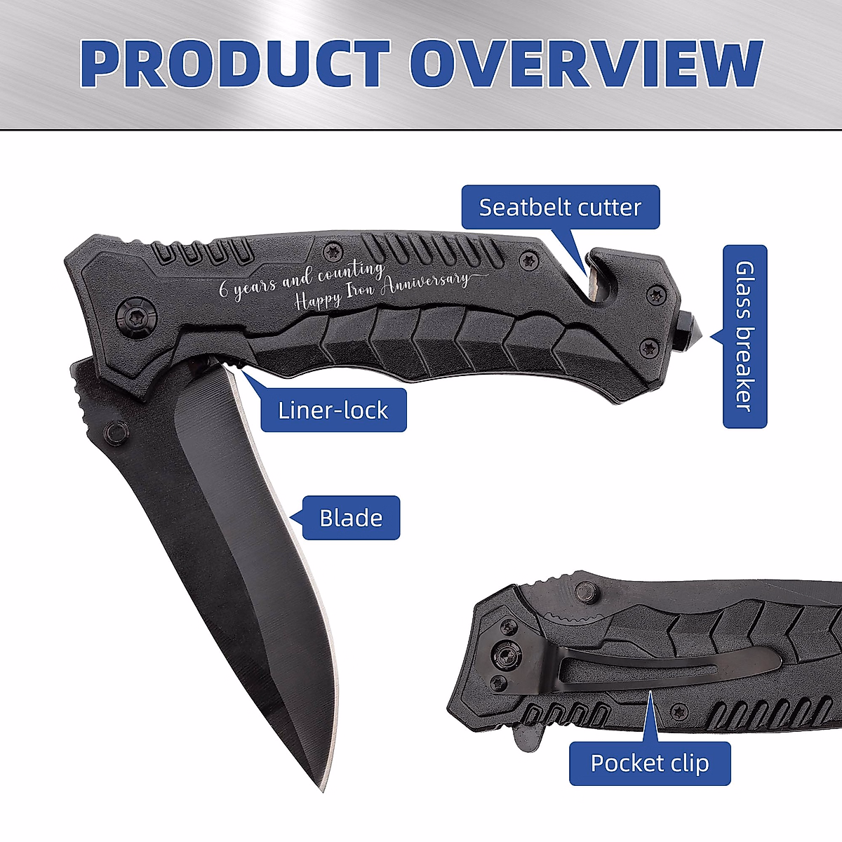 6th Anniversary Pocket Knife gift for Hunband, Happy 6th Anniversary Present for Him, Happy Iron Anniversary, 6 Years of Wedding Marriage Gift for Him