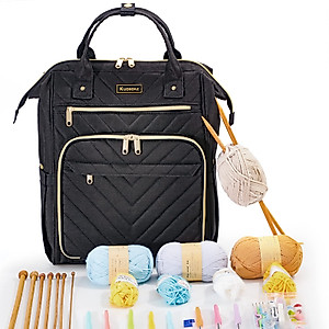 Knitting Bag Backpack, Yarn Organizer with USB Charging Port, Quilted Backpack for Women, Christmas Gifts Large Travel Crochet Bag Totes for Crochet Hooks, Knitting Needles, Yarn Supplies, Black