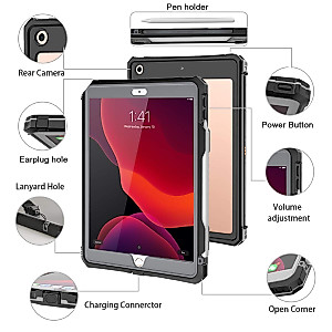 FXXXLTF iPad Case, Waterproof Full Body Cover for iPad 10.2 inch 2021 (Black), Compatible with 7th/8th/9th Gen, Protective with Pencil Holder, Anti-Scratch, Shockproof, IP68