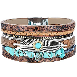 AZORA Turquoise Stone Leather Wrap Bracelet Feather Cuff Bracelets Bohemian Woven Bracelet for Women Gift Brown