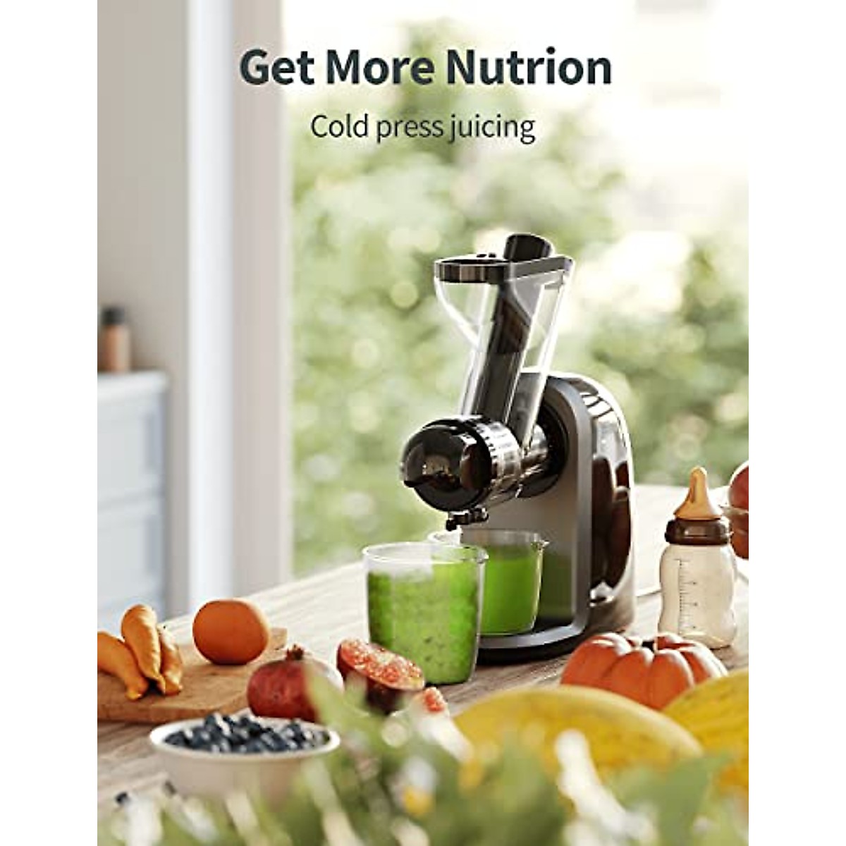 Kalado Slow Juicer Machines Vegetable and Fruit, 3”Extra Large Chute with Quiet Motor & Reverse Function, Cold Press Juicer 200W Power, BPA-Free & 2 Heat-Resistant Glasses in Jet Black