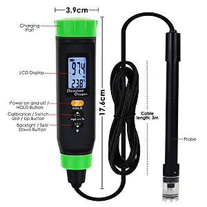 Digital Rechargeable Dissolved Oxygen Meter | Precise DO Tester w/Self-Floating Probe, Long Cable, LCD & Eco-Friendly Battery | Ideal for Fish Tanks, Hydroponic & More