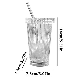 MEFFE Ribbed Glass Stem-ware, Glass Tumbler Stripe Glass Cup, Elegant Ribbed Glass Tumblers, Ribbed Glass Drinking Jars, Coffee Cup With Lid and Straw Drinking Glasses for Iced Coffee, Milk, Tea, Jui