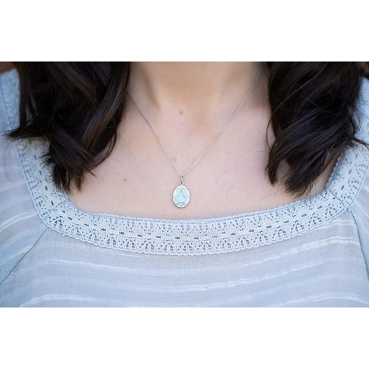 Heartland Store Women's Oval Blue Enamel Miraculous Medal with 18" Sterling Silver Chain