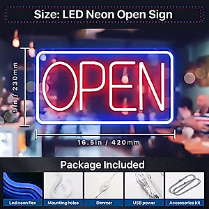 Sugarneon LED Neon Open Sign, 16.5"x 9" Open Sign for Business, Powered by USB with ON/OFF Switch, Adjustable Brightness Neon Lights for Party Bar Salon Stores Hotel Wall Decor Neon Light Sign（Blue/Red-Horizontal）
