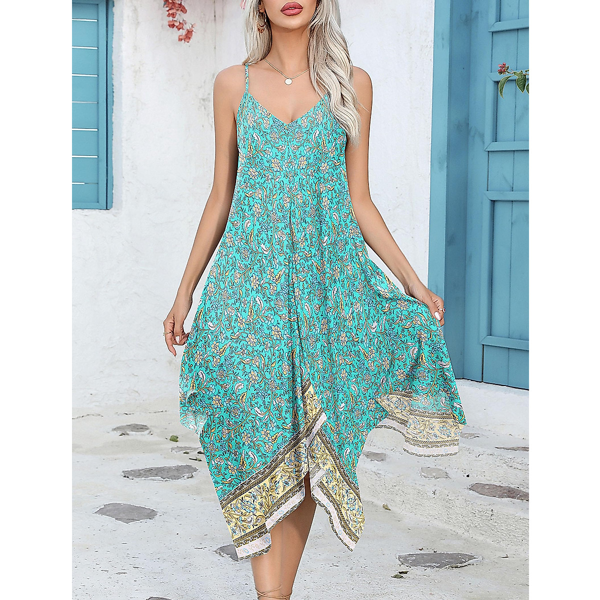 Chigant Women Summer Spaghetti Strap Floral Asymmetrical Irregular Hem Casual Long Dresses Green M