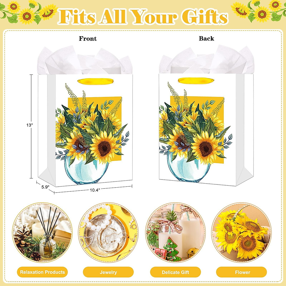 FaCraft Sunflower Gift Bag 13" Watercolor Flower and Vase Gift Bag Large Gift Bag with Tissue Paper for Birthdays, Mothers Day,Anniversary,Baby Shower,Bridal Shower Sunflower Party Supplies