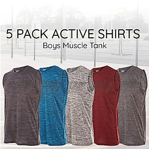 Essential Elements Boys Active Shirt - Quick-Dry Athletic Workout Training Stretch Crew Neck Muscle Tank Top 5 Pack