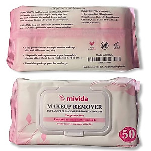 mivida Makeup Remover Wipes | Bulk Pack of 4 | Alcohol Free, Fragrance Free | Hypoallergenic, Vitamin E | Convenient Flip Top Pack, 50 Wipes Each | Total 200 Wipes | Makeup Remover Wipes