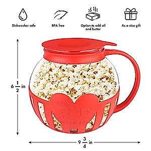 The Original Korcci 3 Quart Microwave Glass Popcorn Popper, Borosilicate Glass, Dishwasher Safe, 3-in-1 Silicone Lid, BPA Free, Family Size (Red)