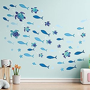 2 Sets Vinyl Sea Turtles Wall Stickers Ocean Wall Decals Ocean Bubbles Stickers DIY Under The Sea Party Decorations for Bathroom Toilet Bedroom Nursery Room Children Room Living Room