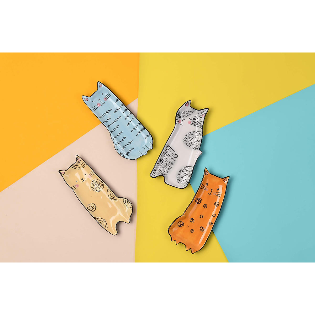 Bico Cartoon Cat Handcrafted Stoneware Ceramic 8 inch Appetizer Plates Set of 4, Assorted Color