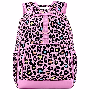 Choco Mocha Cheetah Backpack for Girls Backpack Elementary School Backpack for Kids Backpacks for Girls 17 inch Backpack for Girls 2nd 3rd Grade Leopard Bookbag School Bag 6-8 with Chest Strap Pink