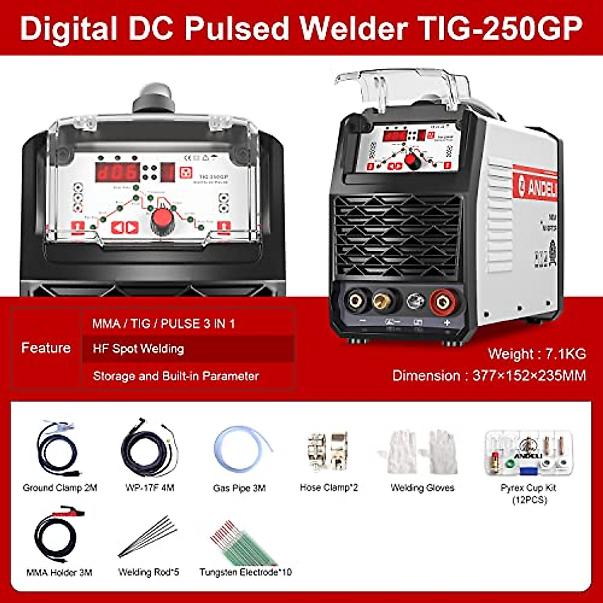ANDELI TIG Welder PULSE/HF TIG/STICK/ARC,170 Amp 110/220V Dual Voltage Multi-function IGBT TIG Welding Machine with Torch