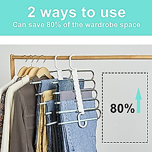Pants Hangers 2Pack, 5 Layers Hangers Space Saving- 2 Uses Multifuctional Pants Rack Hanger Anti-Slip Clothes Hanger for Pants Jeans Trousers Skirts Scarf - Closet Storage Organizer