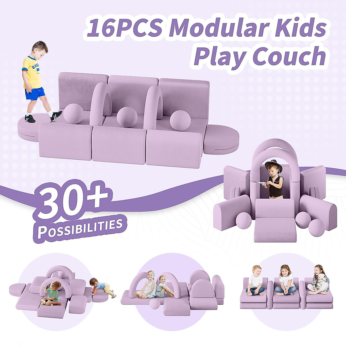 wanan Modular Kids Play Couch, 16PCS Kids Couch with Balls and Tunnel, Kids Couch for Playroom and Bedroom, Kids Modular Couch for Playing, Creativing, Modular Couch Kids (Blueberry)