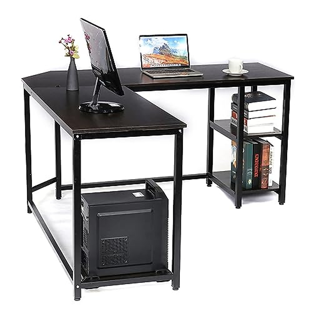 ENGERIO Reversible L Shaped Desk Computer Table with Storage Shelves, Home Office Desk Corner Desk Modern Simple Writing Study Table Gaming Table Workstation with CPU Power Tray Stand (Black)