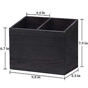 Wooden Kitchen Utensil Caddy With 2 Compartments, Rustic Kitchen Utensil Holder for Kitchen Countertop, Wood Utensil Crock Organizer Box for Farmhouse Kitchen Decor (black)