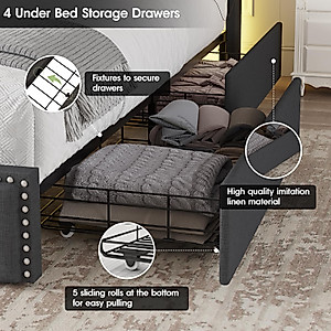 Vabches Queen Bed Frame with 4 Storage Drawers and Wingback Headboard, Upholstered Platform Bed Frame with LED Light & 2 Charging Station, Button Tufted and Rivet, No Box Spring Needed, Dark Grey