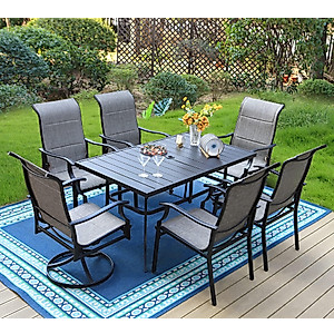 PHI VILLA 7 PCS Patio Dining Set, Outdoor Table Chair Set with Large Metal Table, 6 High Back Patio Chairs Include 4 Fixed and 2 Swivel Chair, Patio Furniture Dining Set for Patio Lawn Garden