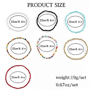 VFlowee Boho Handmade Beaded African Anklets Multicolor Women Stretch Seed Beads Rainbow Ankle Bracelets Glass Bead Bracelet Elastic Foot and Hand Chain Jewelry (7PCS)