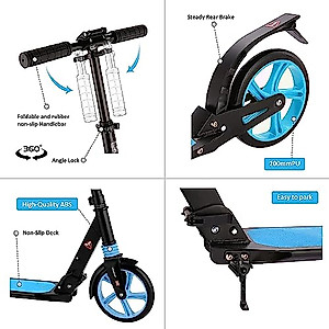 Scooter for Kids Ages 8-12, Folding Scooter for Teens/Adults with 4 Adjustment Levels, Big 8" Wheels Scooter with Anti-Shock Suspension and Carry Strap, Adult Scooter up to 220lbs, Azure