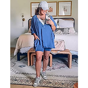 Ailoqing 2 Piece Outfits for Women Summer Oversized V Neck T Shirt Biker Short Sets Hot Shot Reversible Set(Blue-M)