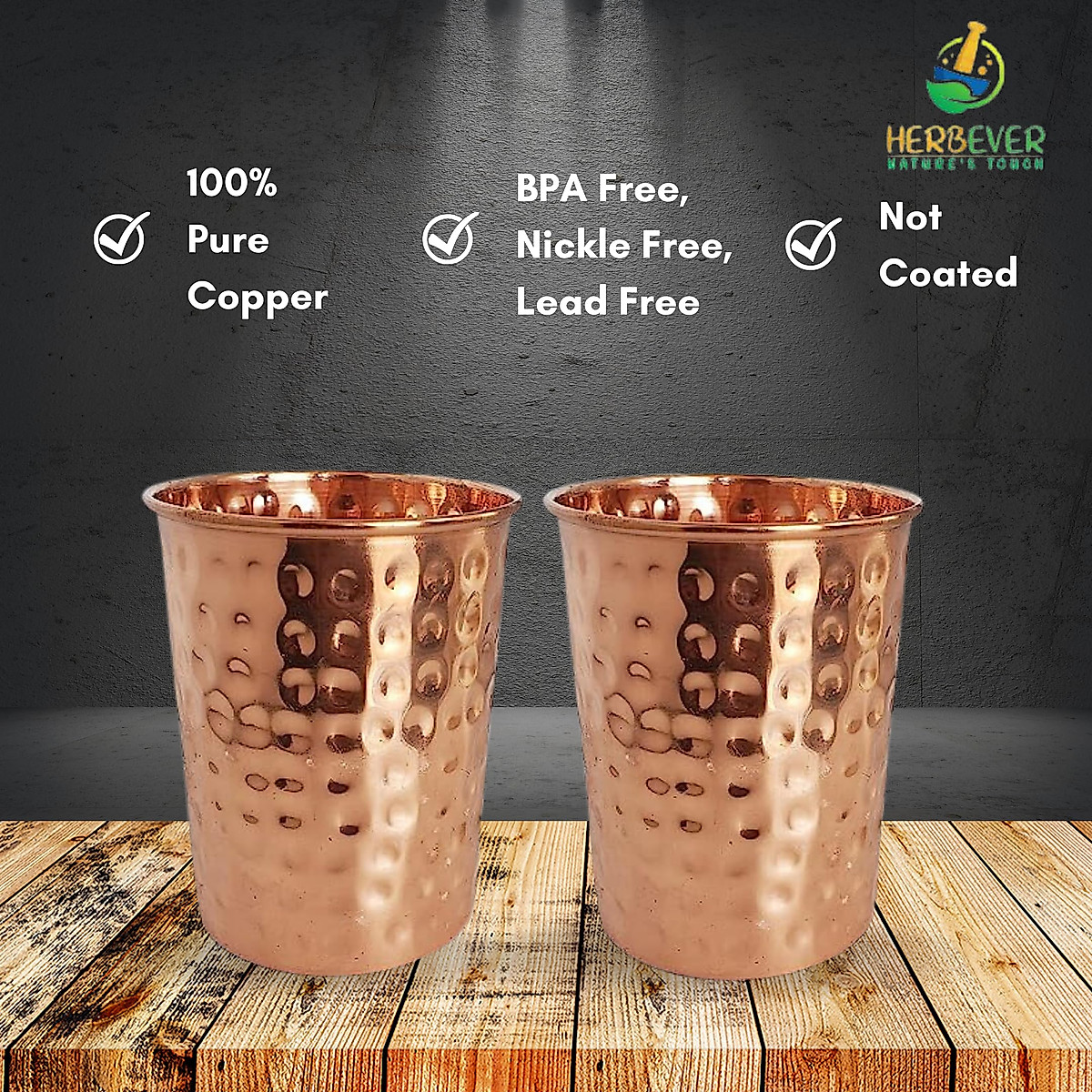 HERBEVER Pure Copper Hammered shape Water Tumbler Glasses for Healing Ayurvedic Set of 2