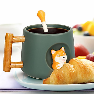 YLOKO Cute Ceramic Coffee Mug with 3D Shiba Inu, Cute Mugs with Lid Paw Spoon, Novelty Morning Tea Mug, Birthday Gifts for Women Sister Girlfrend Kids 14oz (Green)