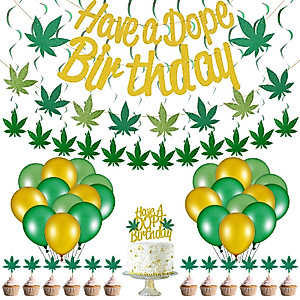 3 Pieces Pot Leaves Birthday Banners Weed Leaves Birthday Decorations, 13 Pieces Pot Leaf Cake Toppers, 12 Pieces Hanging Swirls and 24 Pieces Balloons for Baby Shower Birthday Party Decoration