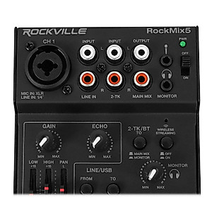 Rockville RockMix 5 Channel Pro Mixer w/USB Interface, Bluetooth, Echo, EQ