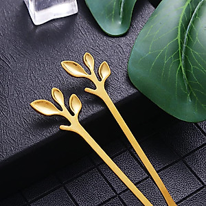 10 Pieces Stainless Steel Leaf Teaspoons Coffee Teaspoon 7.4 Inch Set Stainless Steel Long Handle Spoon Stir Bar Spoon Stirring Spoon Ice Cream Spoon Gold